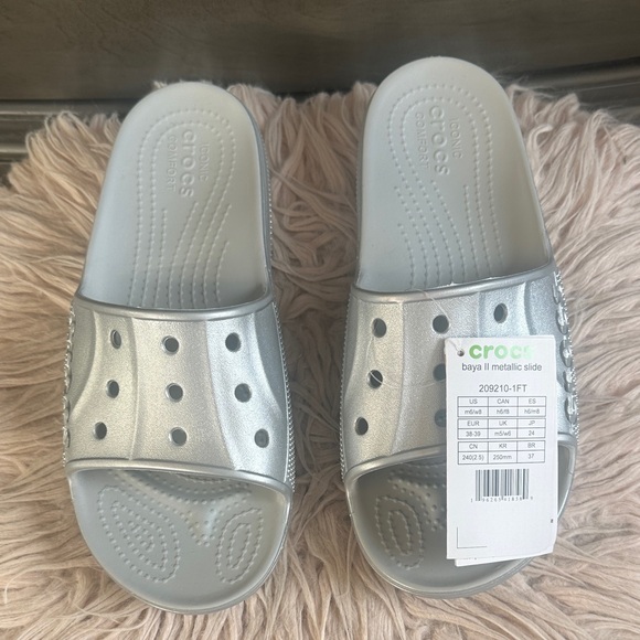 CROCS | Shoes | Crocs Metallic Silver Slide Sandals | Poshmark